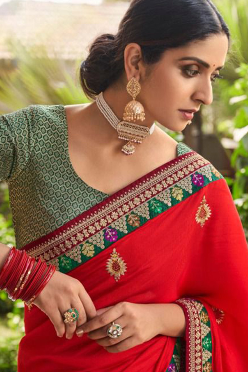 Designer Fashions Zari And Lace Work Silk Red Indian Saree|SARV121615