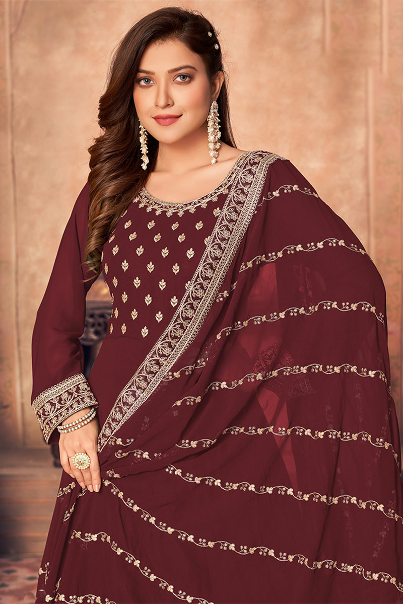 Shopping Online Burgundy Maroon Anarkali Suit with Sequins LSTV115832