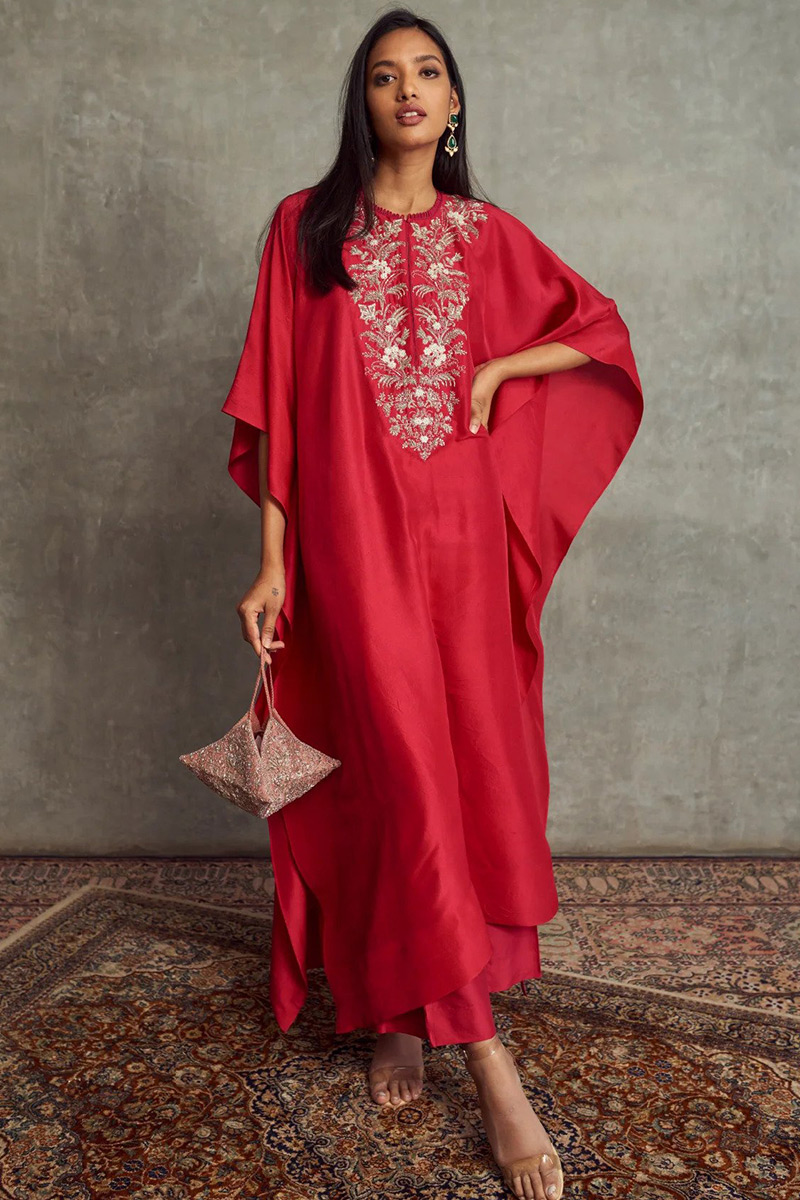 Zari Embroidered Silk Ruby Red Kurti LKV001242