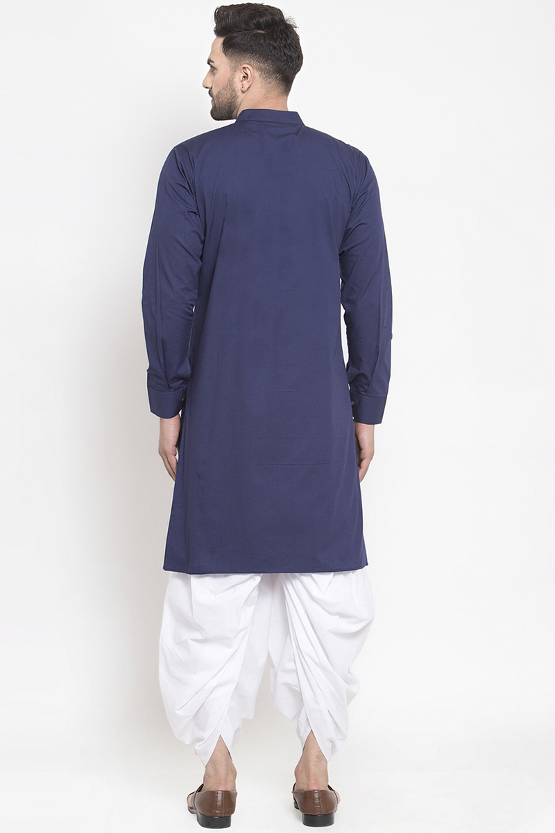 Zari Embroidery Royal Blue Cotton Asymmetrical Men's Kurta Dhoti MKPA05837