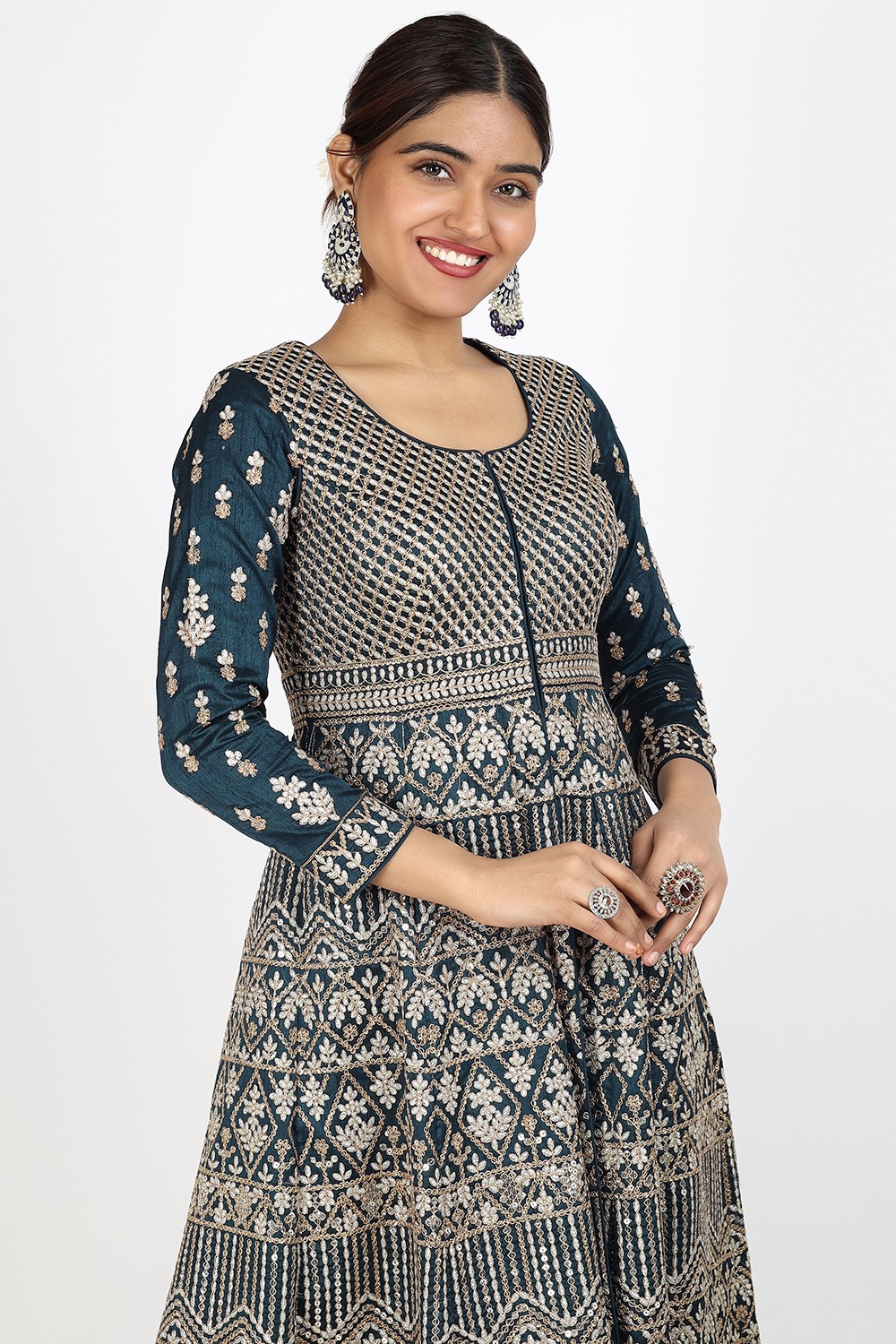Teal Blue Silk Embroidered Front Slit Anarkali Suit LSTV133975