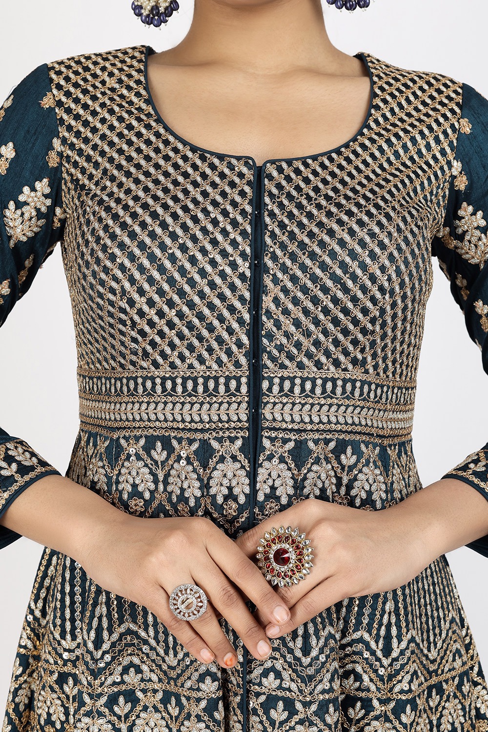 Teal Blue Silk Embroidered Front Slit Anarkali Suit LSTV133975
