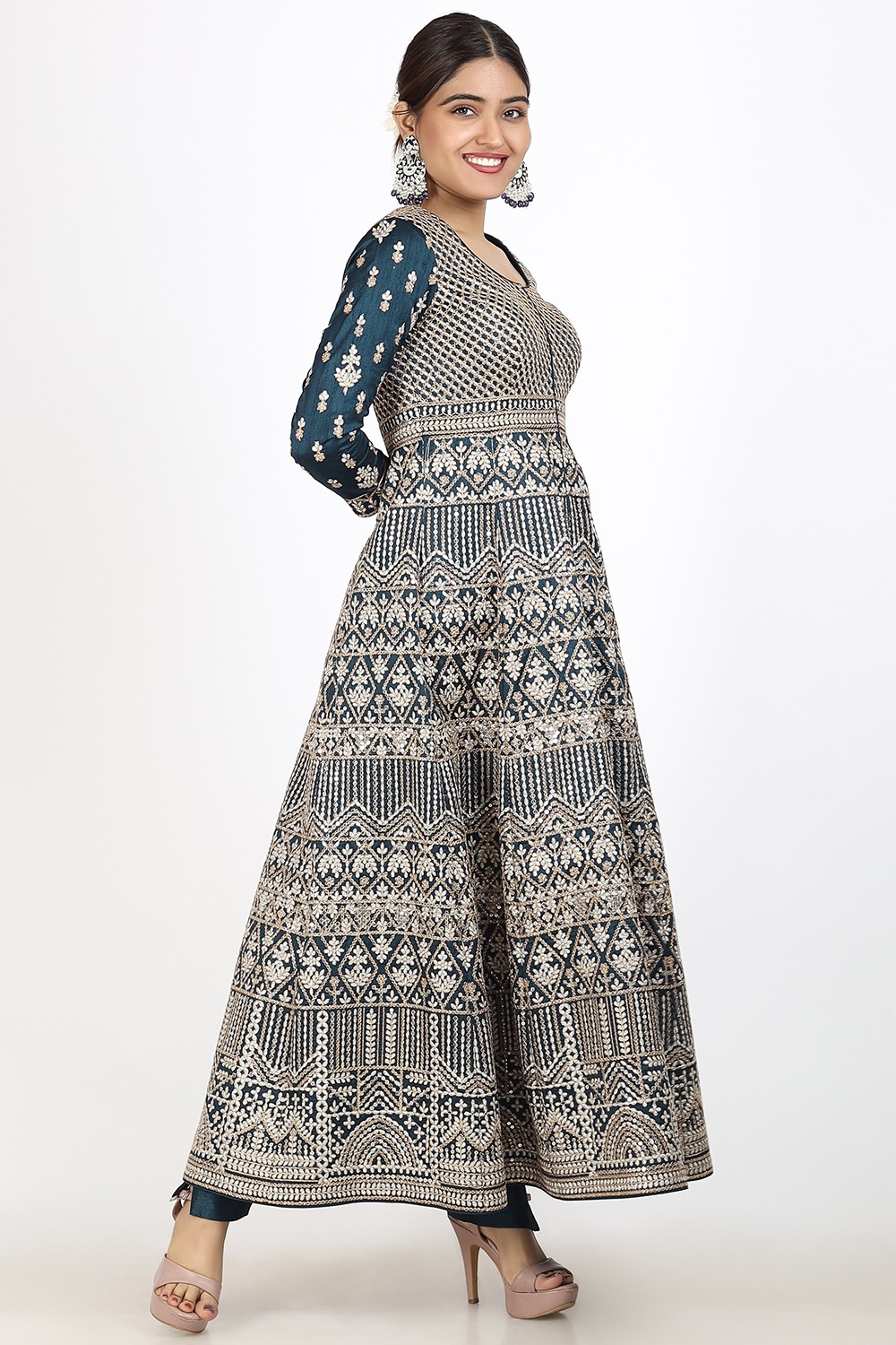 Teal Blue Silk Embroidered Front Slit Anarkali Suit LSTV133975
