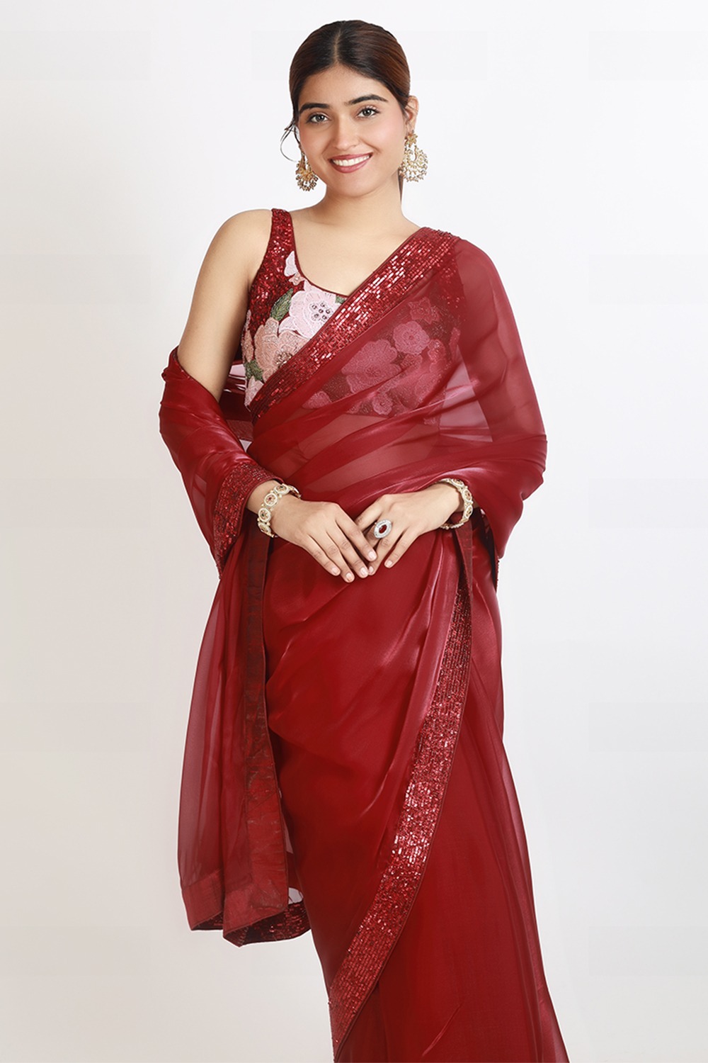 Maroon Tissue Embroidered Light Weight Saree SARV188563